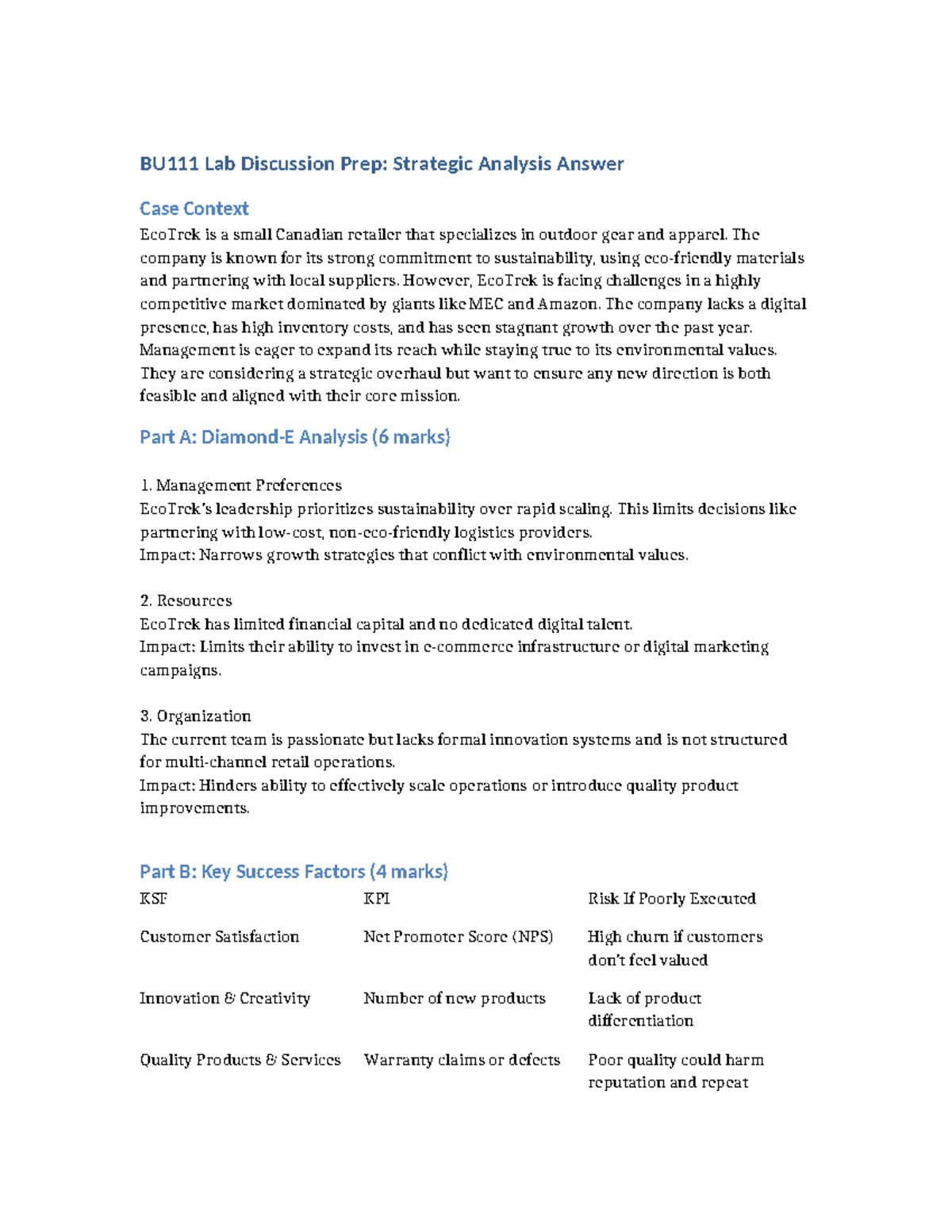 BU111 Lab Discussion Prep: Strategic Analysis of EcoTrek's Challenges ...