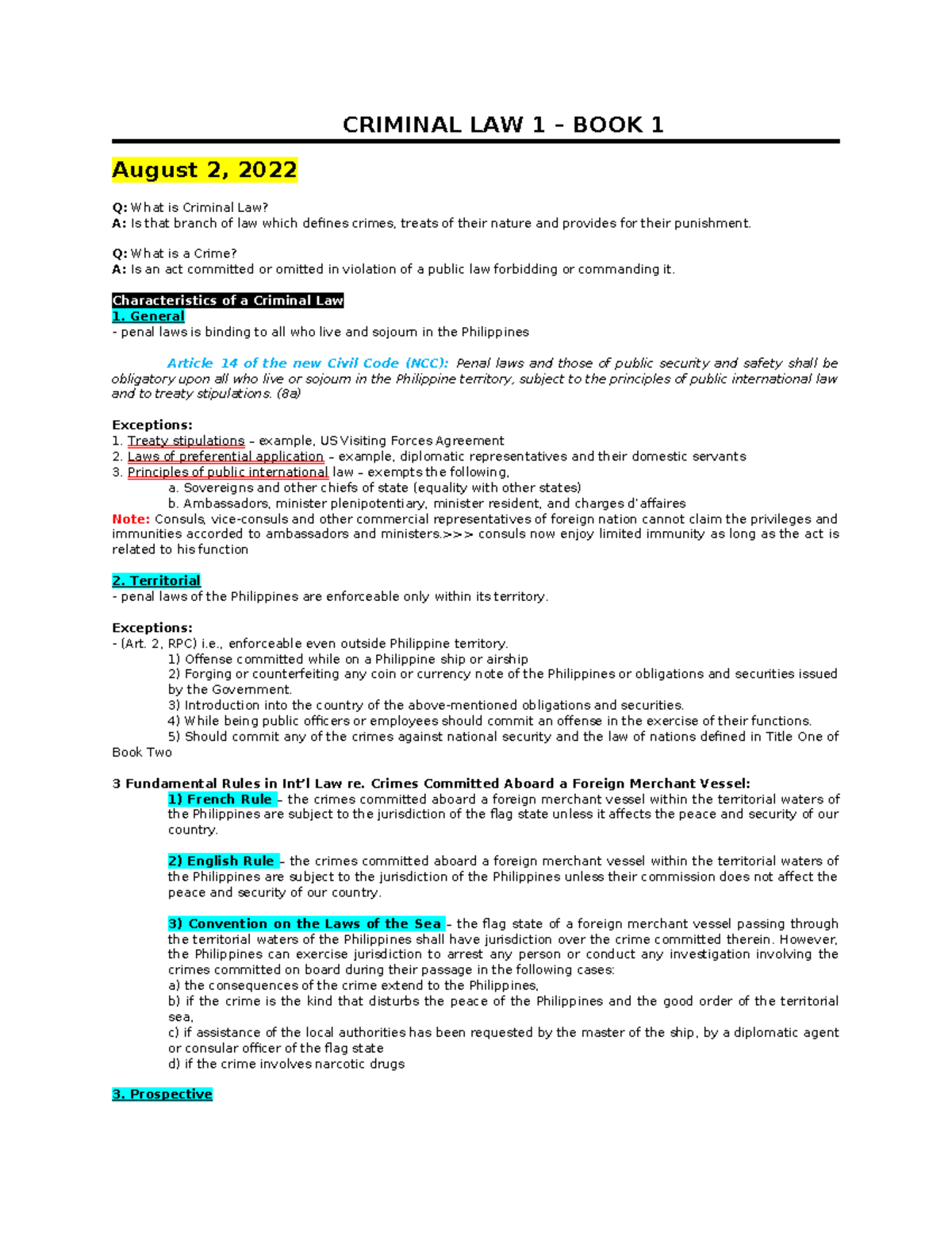 Criminal Law 1 - Notes - CRIMINAL LAW 1 – BOOK 1 August 2, 2022 Q: What ...