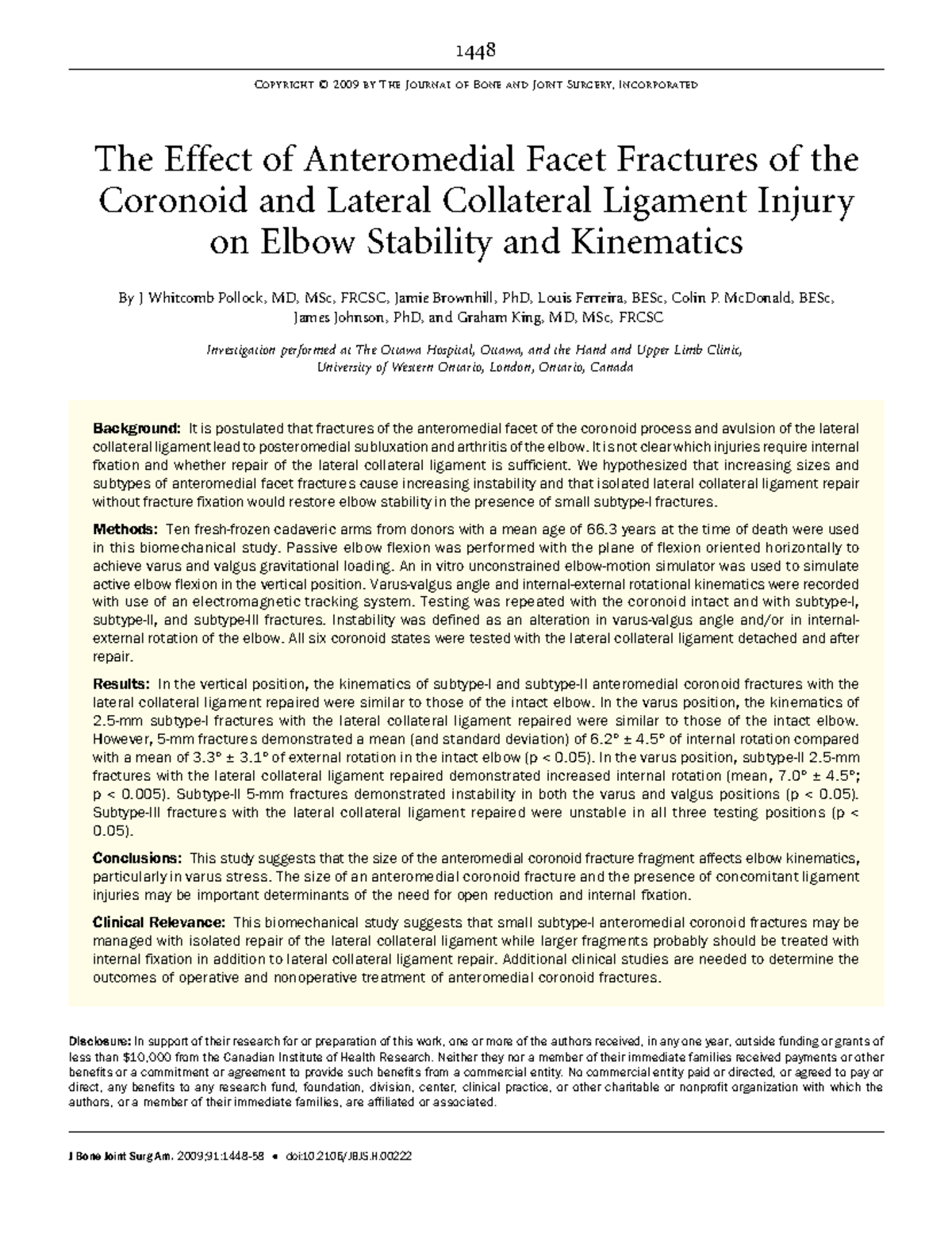 1448 C Final Exam: Anteromedial Facet Fractures and Elbow Stability ...