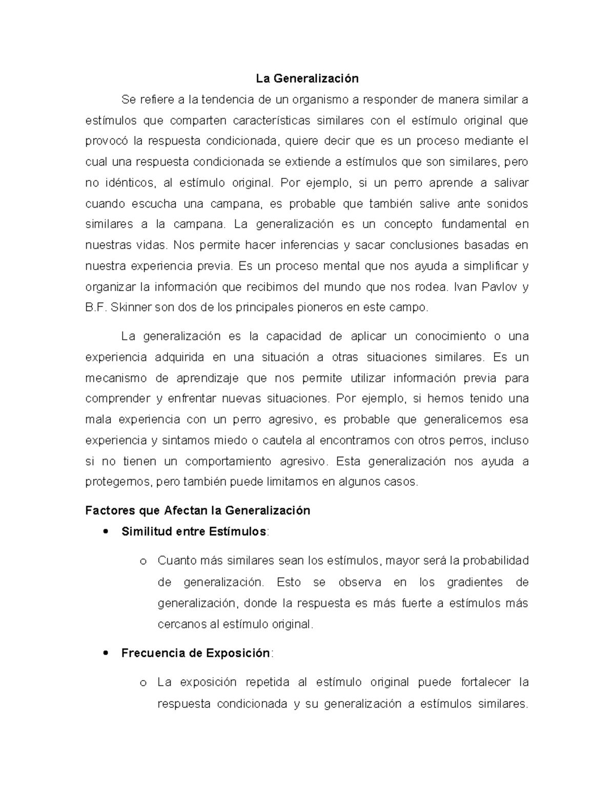 La Generalización: Conceptos y Aplicaciones en Psicología (PSY101 ...
