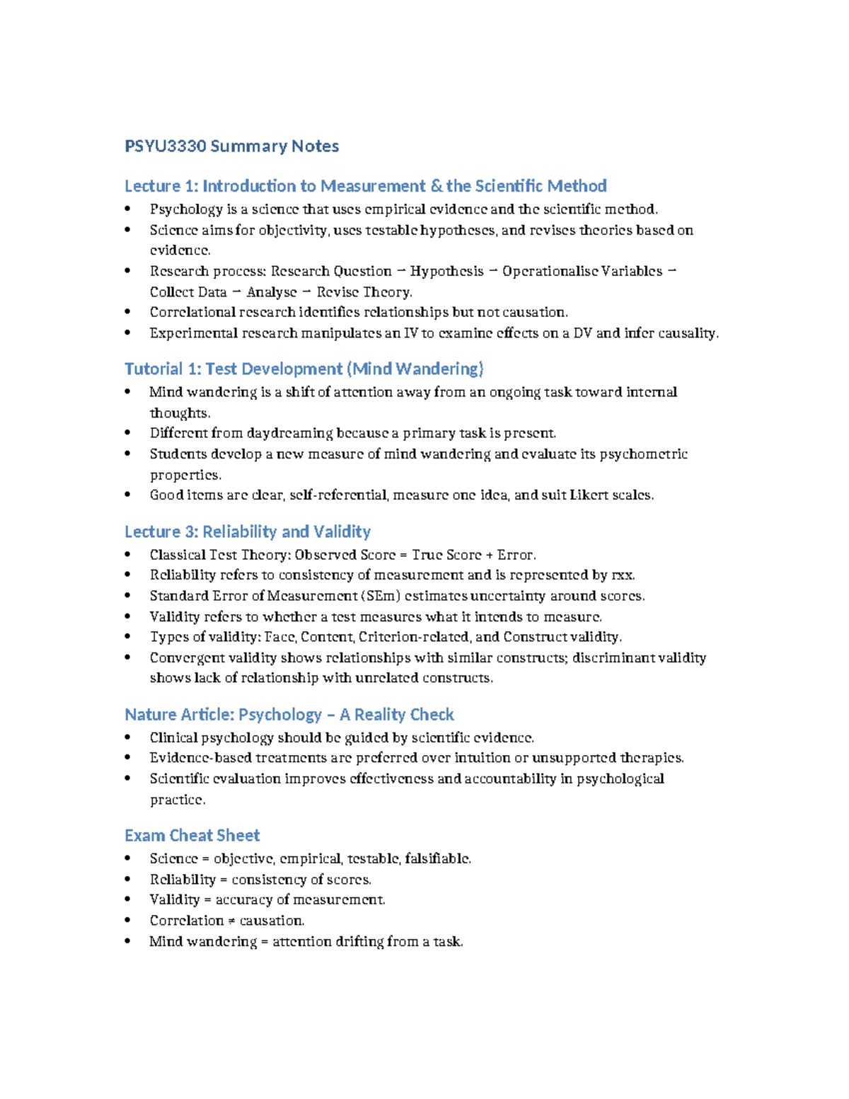 PSYU3330 Summary Notes: Measurement, Mind Wandering & Validity - Studocu