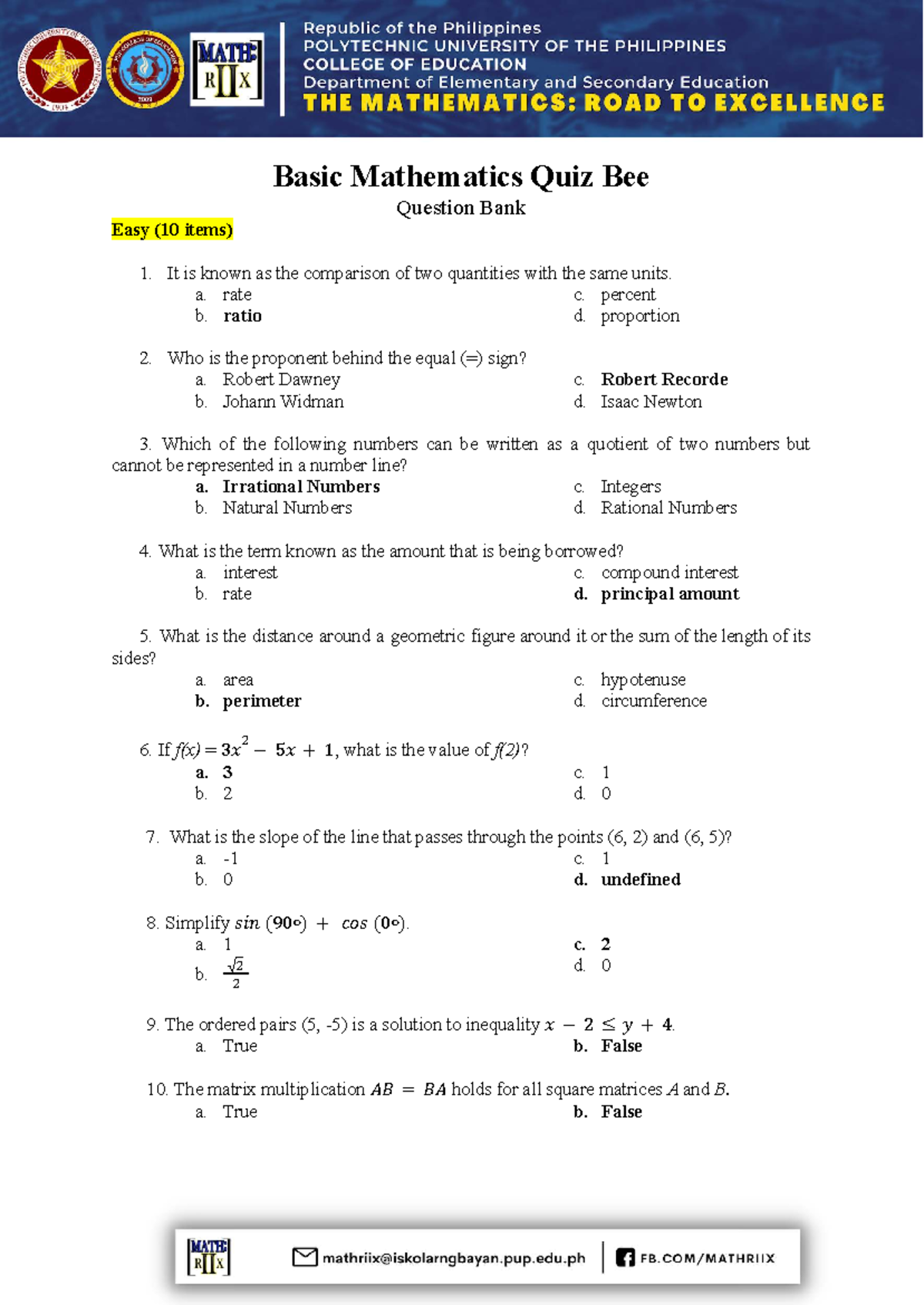 Basic Math Quiz Bee Question Bank (10 Items) - Studocu