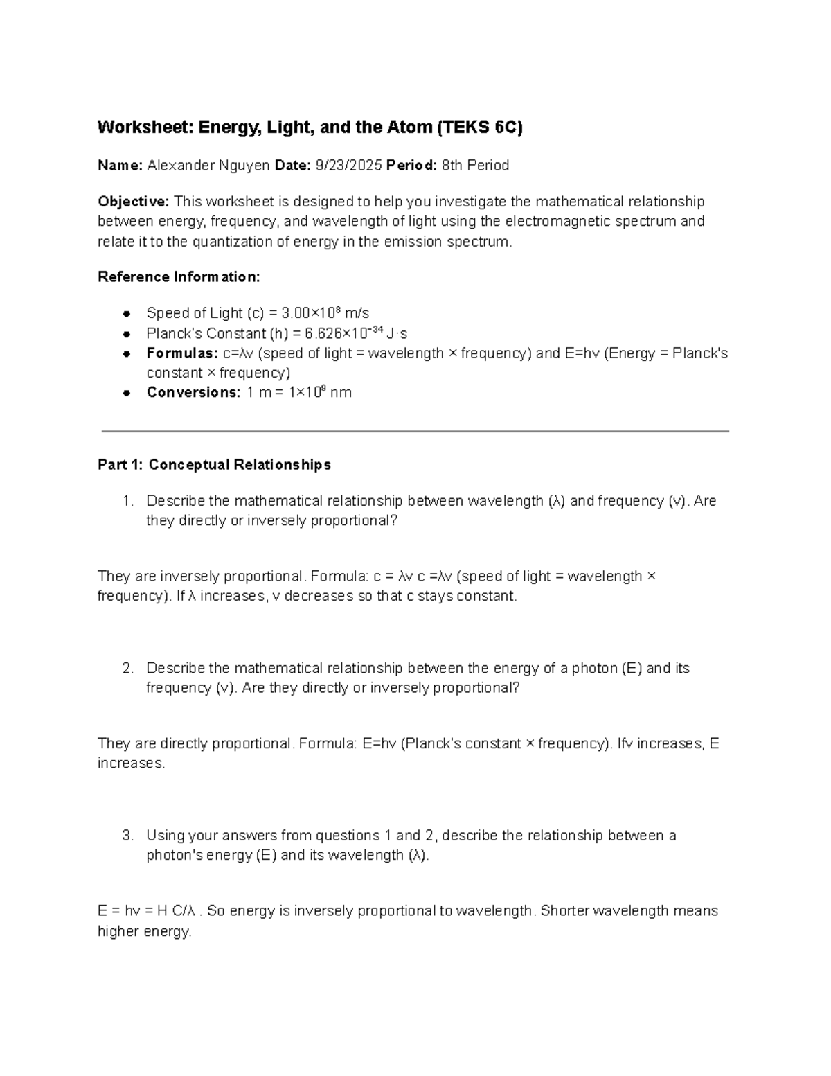 Worksheet: Energy, Light, and the Atom Concepts (TEKS 6C) - Studocu