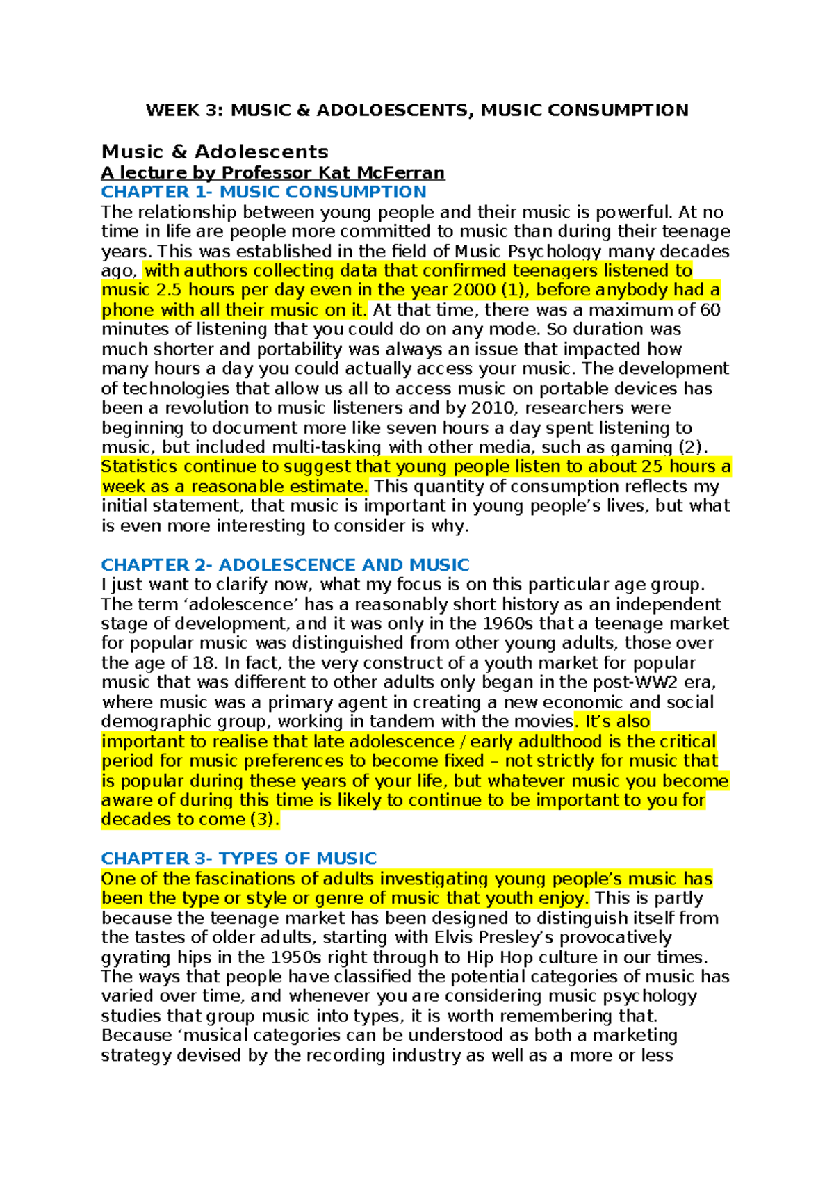 WEEK 3 - WEEK 3 SEMINAR NOTES, LECTURES AND PODCASTS - WEEK 3: MUSIC ...