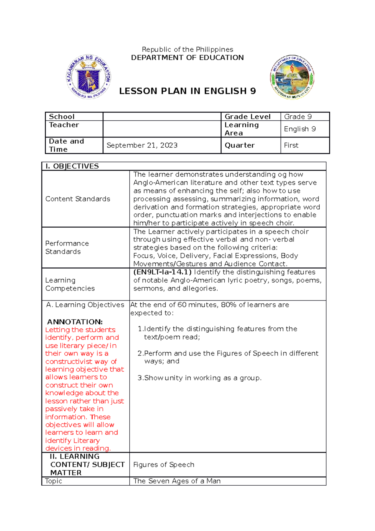 English 9 Lesson Plan: Exploring Figures of Speech and Poetry - Studocu