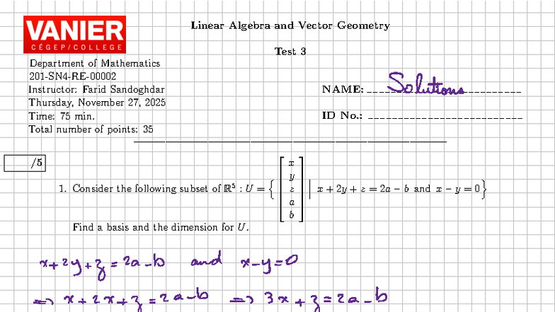 Lin Alg F 25T3 Test 3 Solutions on Vector Geometry - Studocu