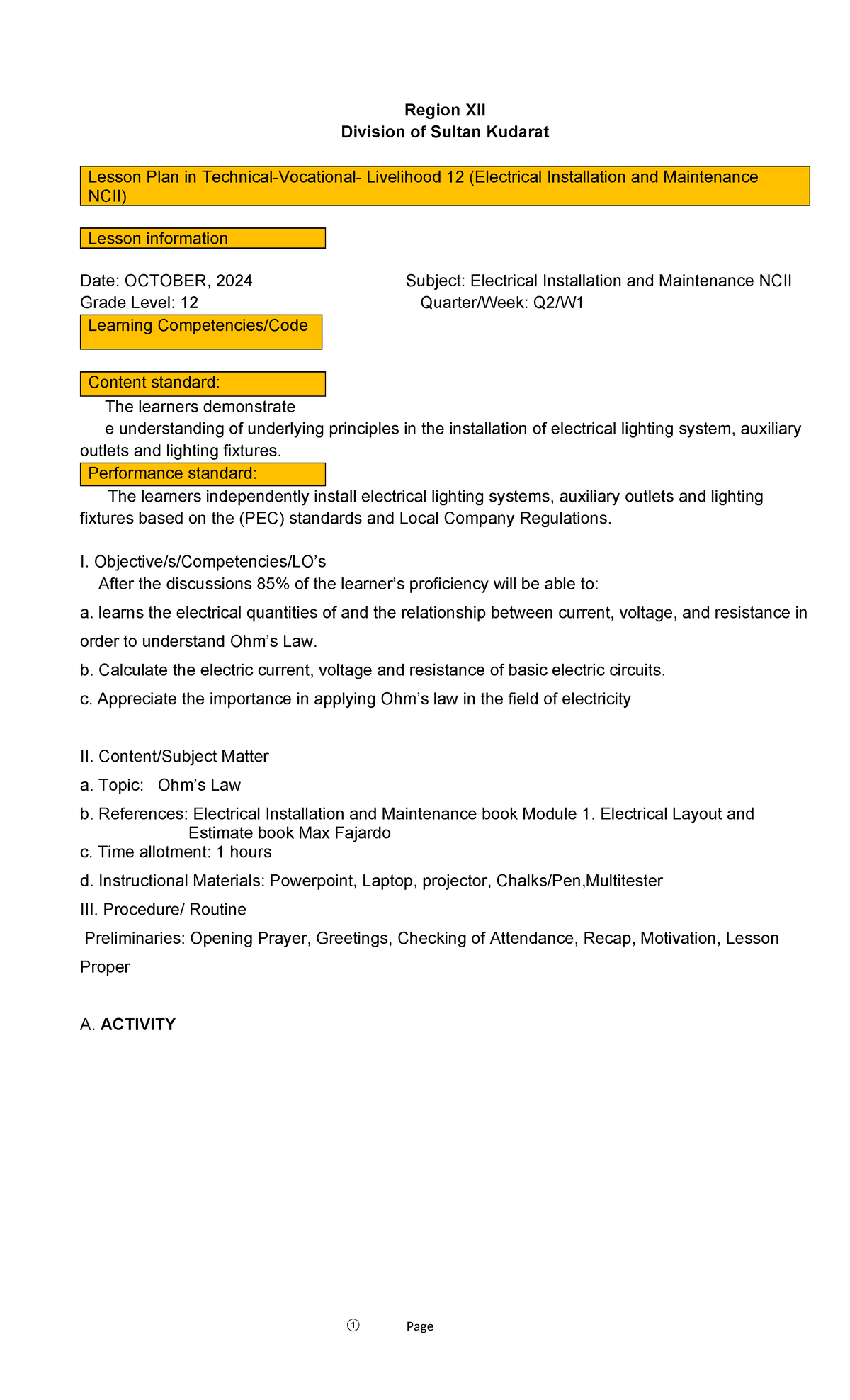 ETM 12 - Lesson Plan: Understanding Ohm's Law in Electrical Circuits ...