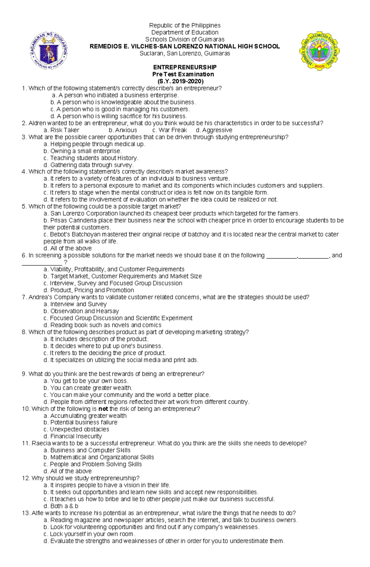 ENTREPRENEURSHIP Pre Test Examination (S.Y. 2018-2019) - Studocu