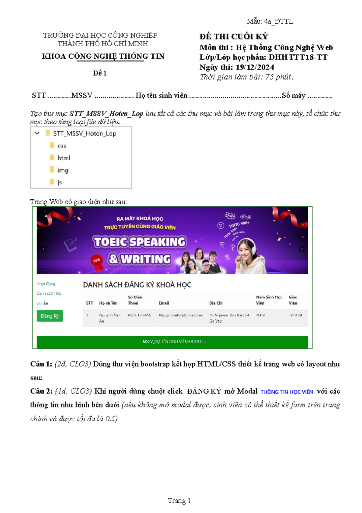 Đề Thi Cuối Kỳ Hệ Thống Công Nghệ Web DHHTTT 18 - TT (19/12/2024) - Studocu