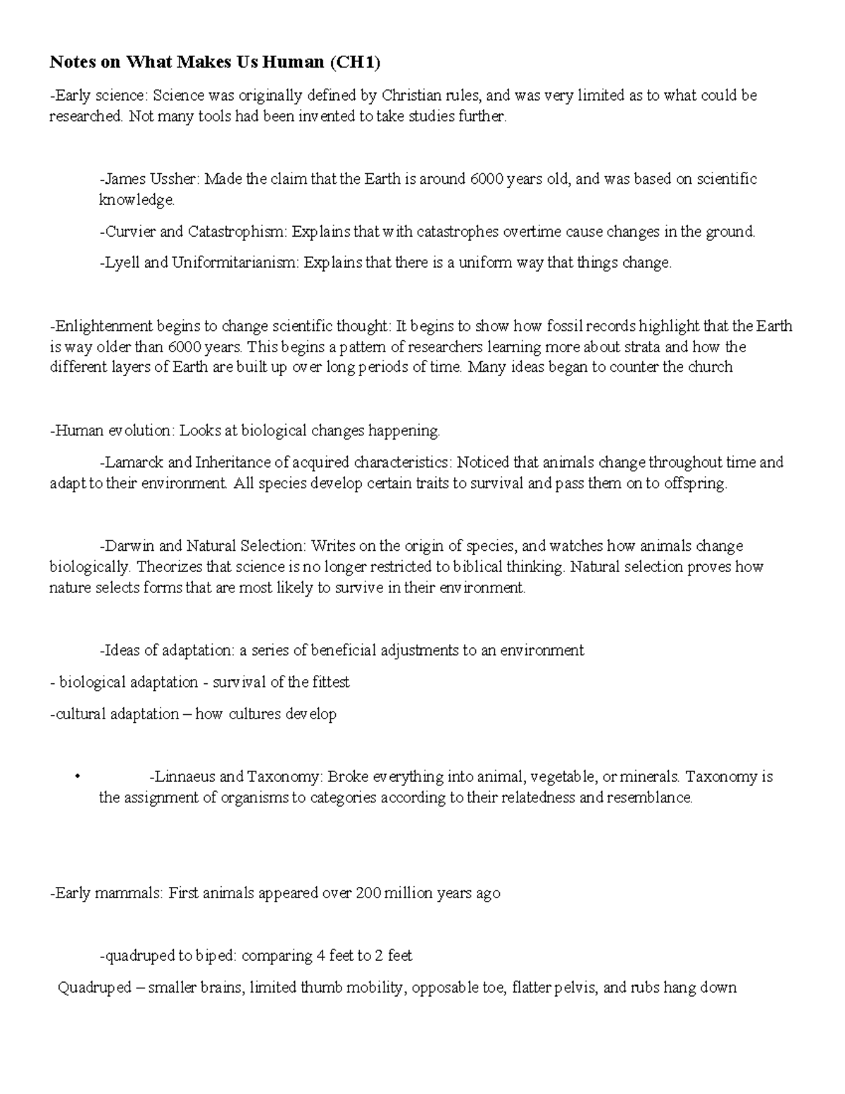 Notes on CH1 - Notes on What Makes Us Human (CH1) -Early science ...