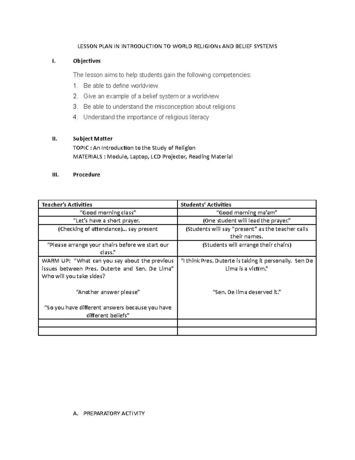 Lesson PLAN IN Introduction TO World Religions AND Belief Systems ...