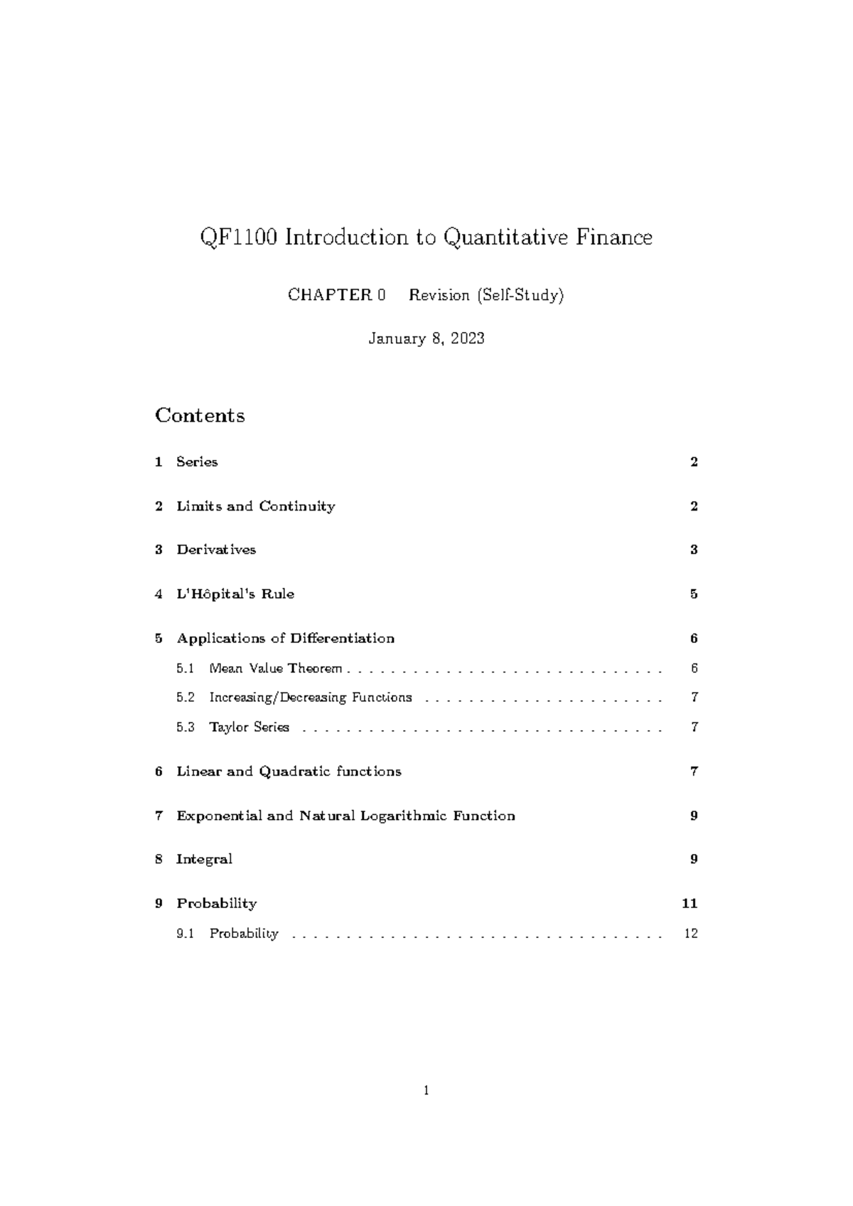 QF1100 Introduction to Quantitative Finance: Chapter 0 Revision Notes ...