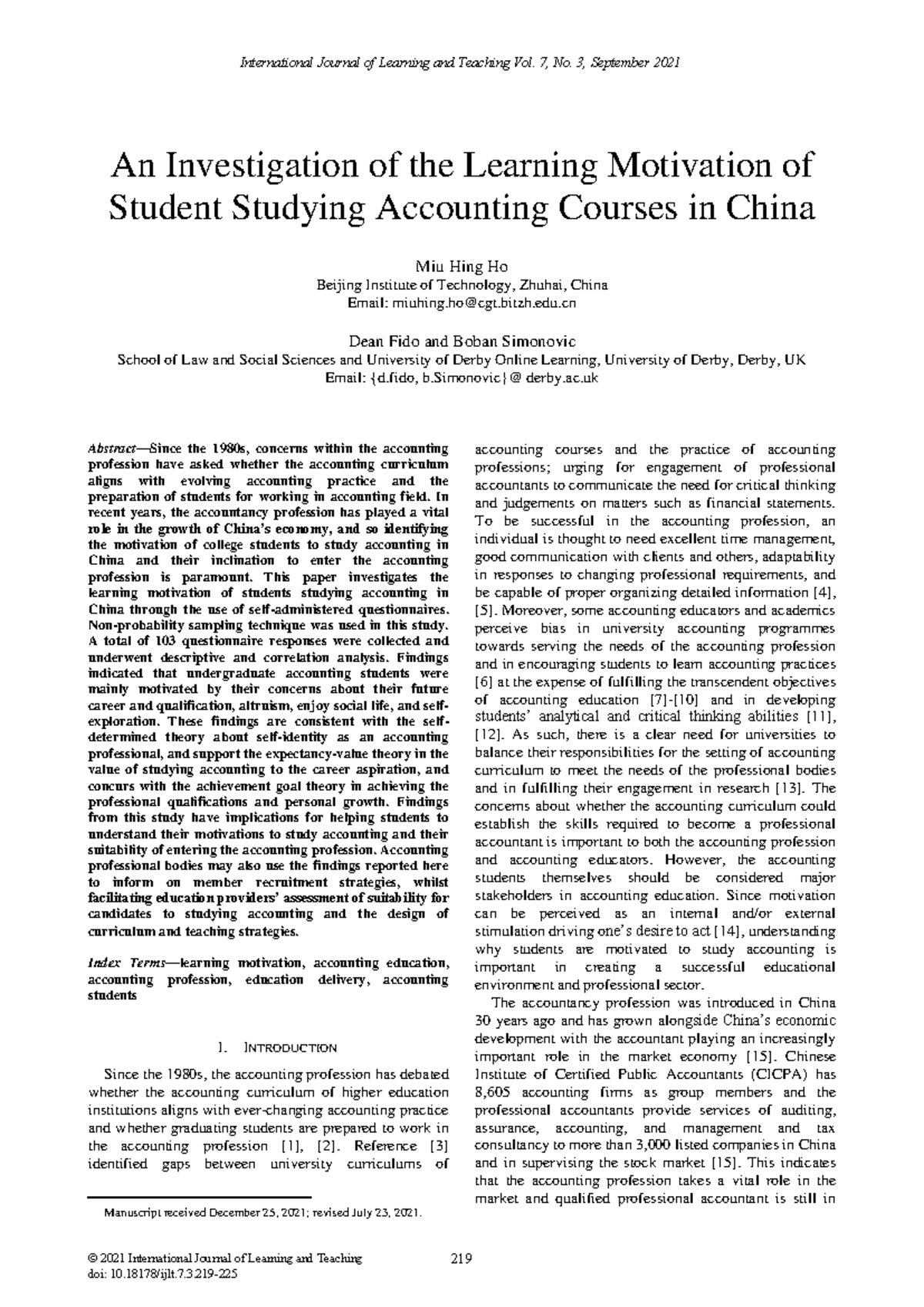 Investigation of Learning Motivation in Accounting Students (ACCT 101 ...