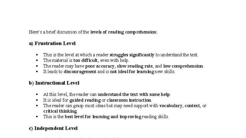 Levels of Reading Comprehension: Frustration, Instructional, and ...