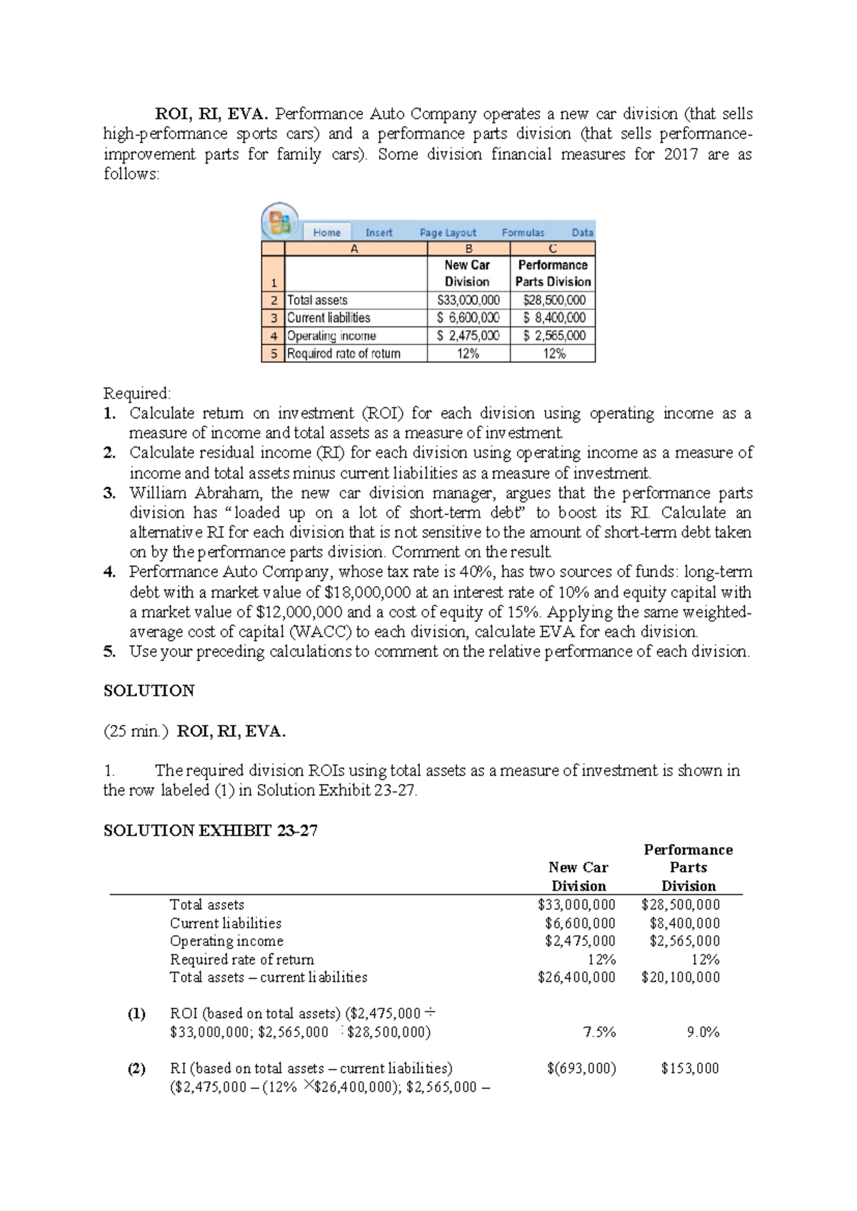 ROI, RI, and EVA Calculations for Performance Auto Company (Chapter 24 ...