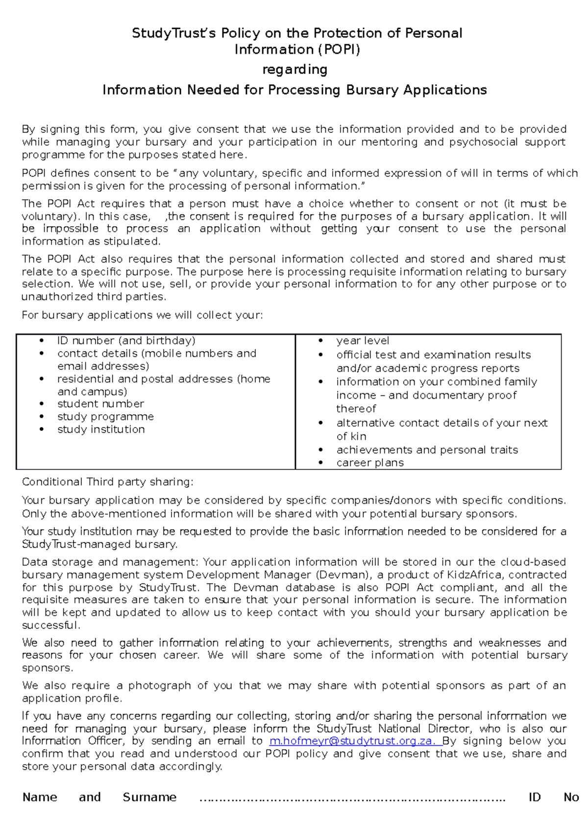 POPI Consent Form for Bursary Applications - StudyTrust Policy - Studocu