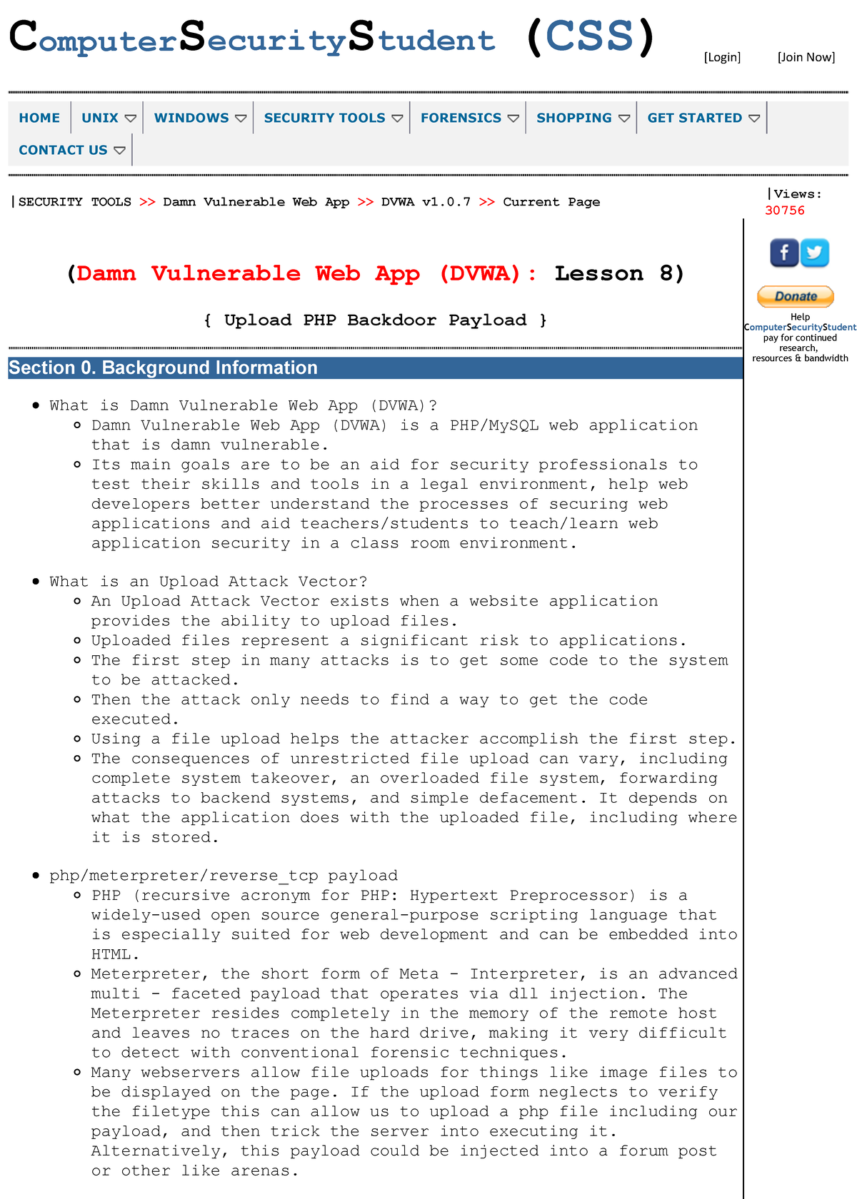 Damn Vulnerable Web App (DVWA) Lesson 8 Upload PHP Backdoor Payload - C ...