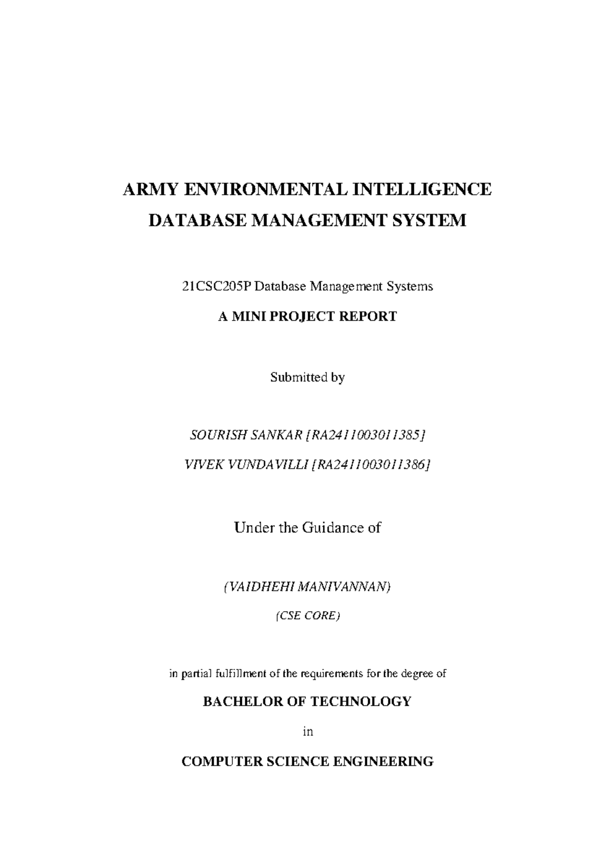ARMY ENVIRONMENTAL INTELLIGENCE DBMS 21CSC205P Mini Project Report ...
