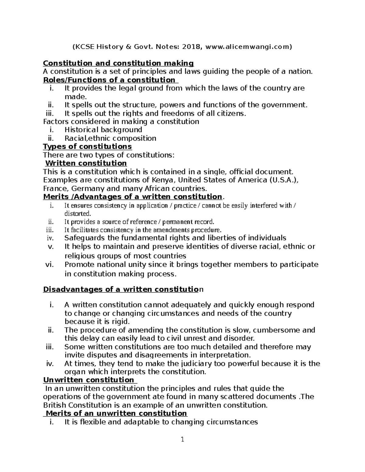 KCSE History Govt. Notes: 2018, Constitution & Constitution Making ...