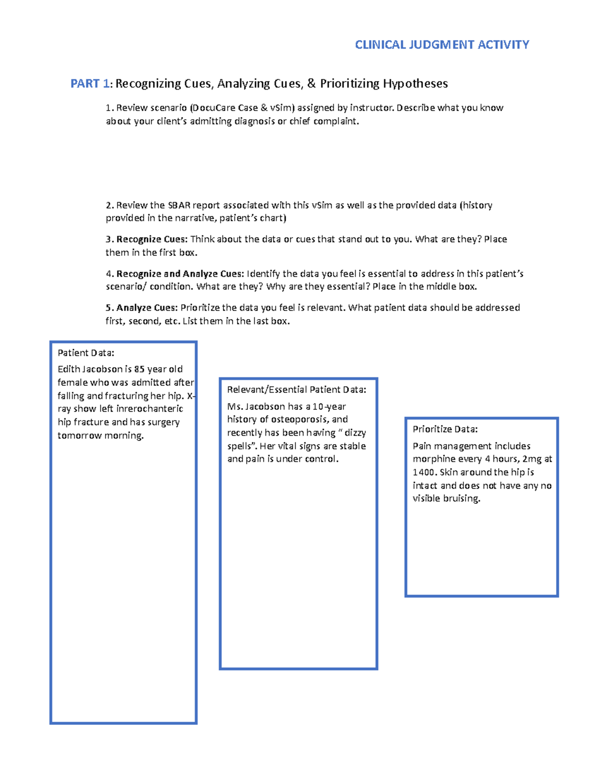 Clinical Worksheet for Nursing: Edith Jacobson Case Study Analysis ...