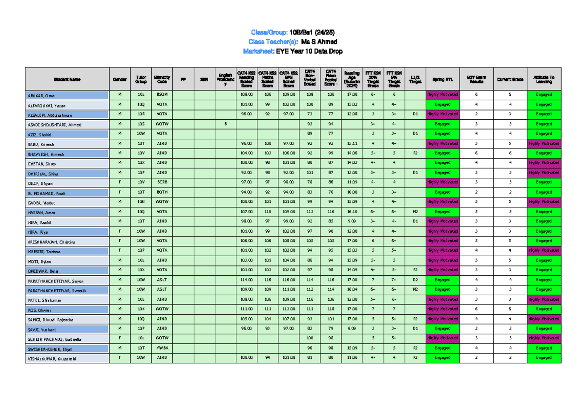 Year 10 EYE Marksheet: Student Data & Exam Results Analysis - Studocu