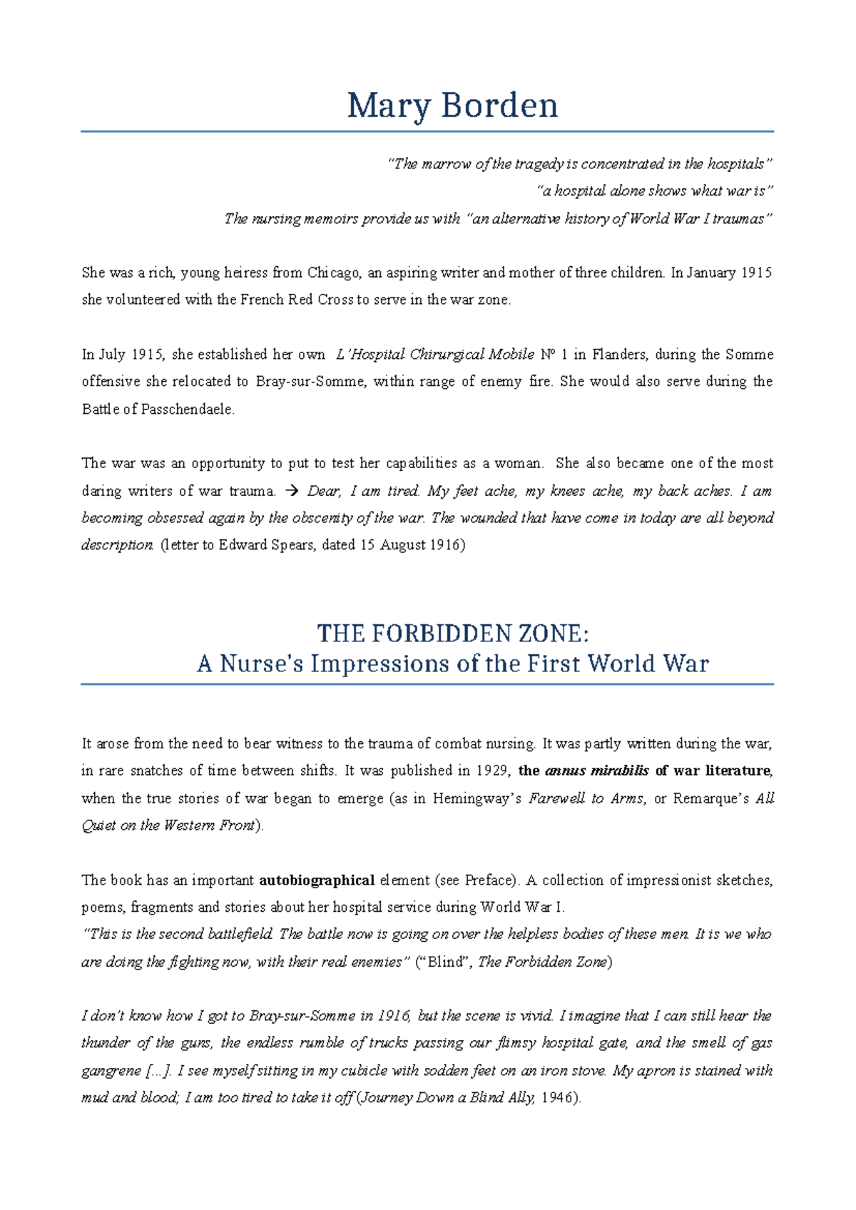 Mary Borden's The Forbidden Zone: A Nursing Memoir of WWI - Studocu