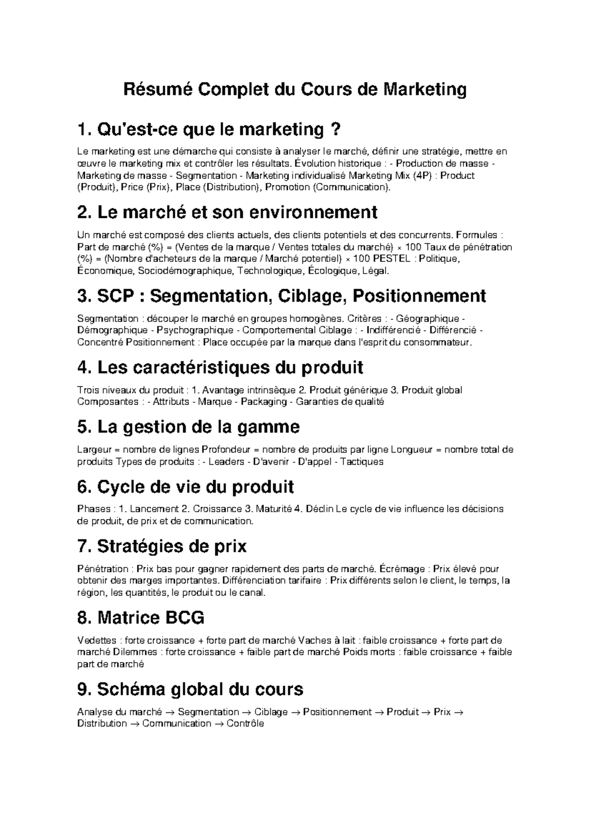 Résumé Complet du Cours de Marketing 1 - Concepts Clés et Stratégies ...