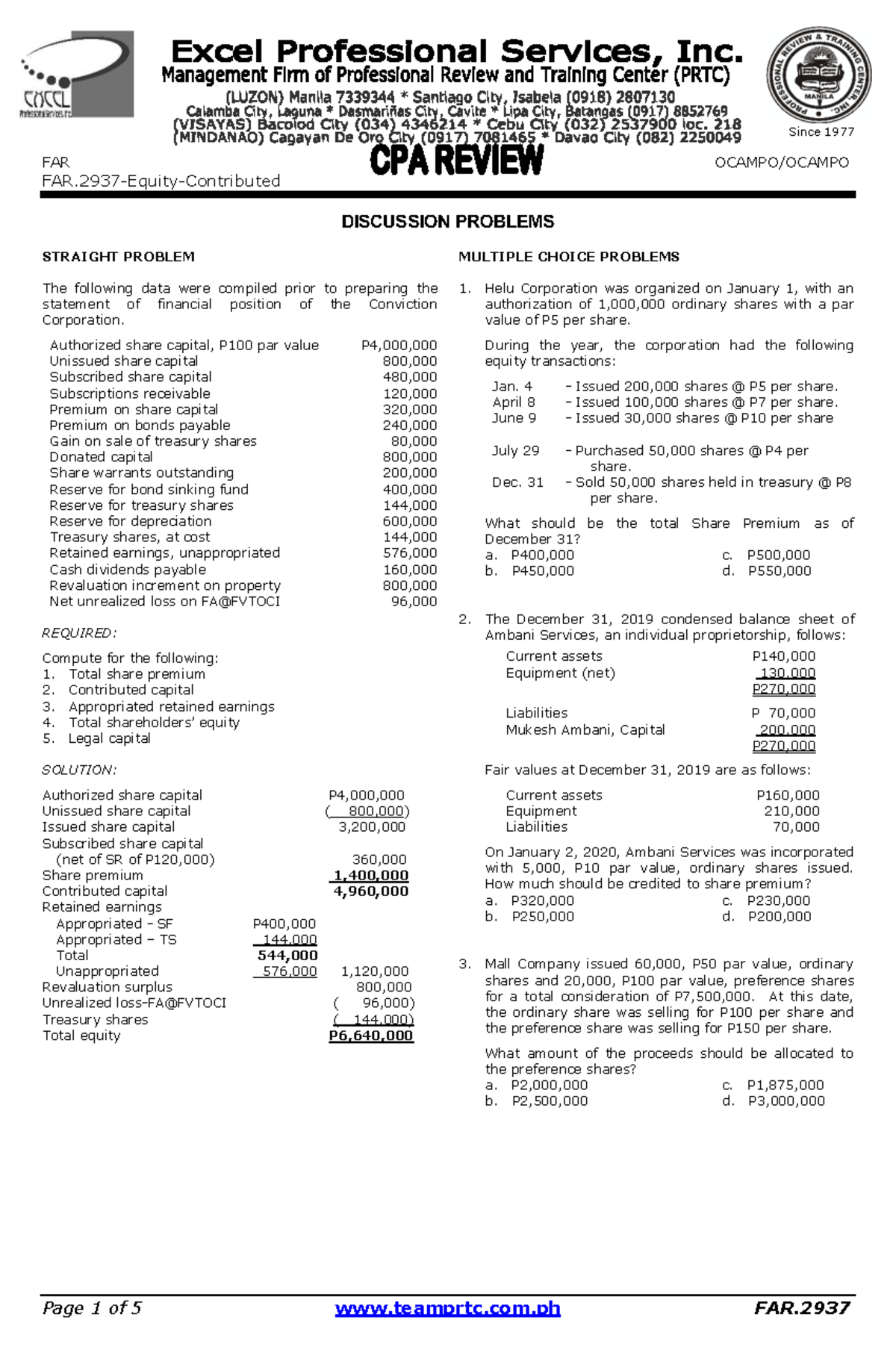 FAR.2937 Lecture Notes: Share Premium and Equity Transactions Analysis ...