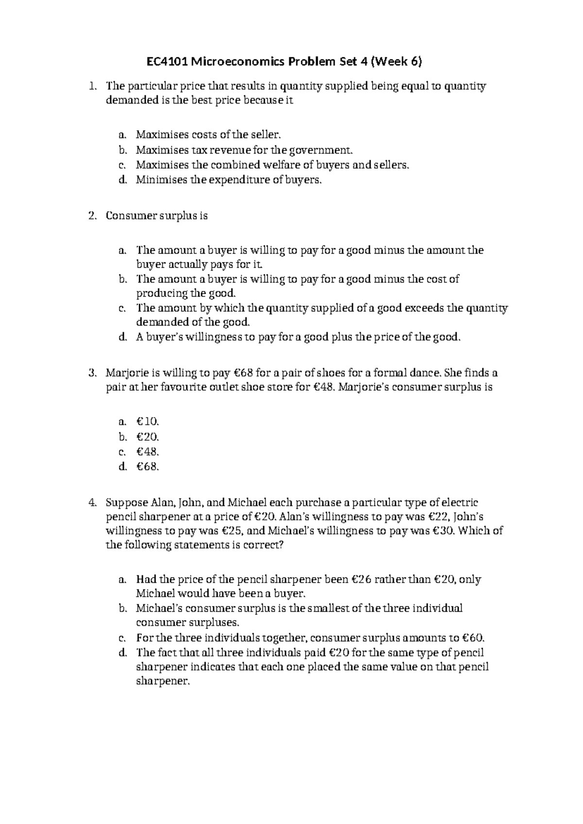 EC4101 Microeconomics Problem Set 4 - Tutorial Week 6 2024 - Studocu
