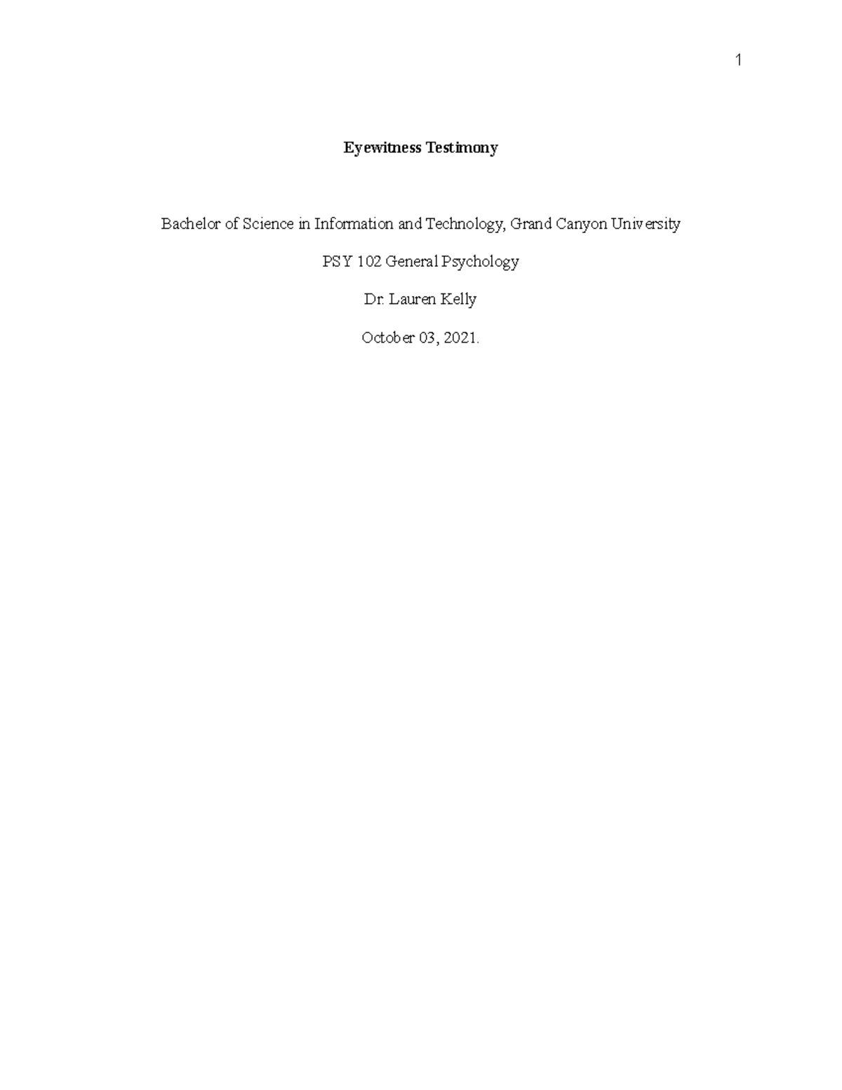 PSY-102 Eyewitness Testimony APA Style Essay - Eyewitness Testimony ...