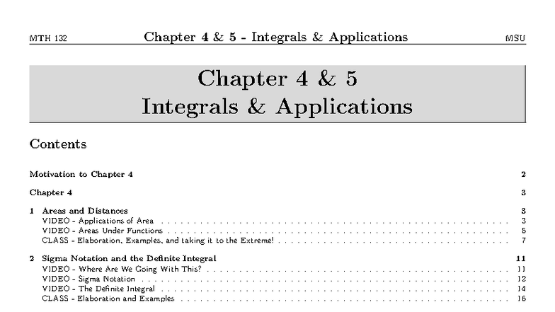 MTH 132 Final Exam Notes: Chapter 4 & 5 Integrals Applications - Studocu