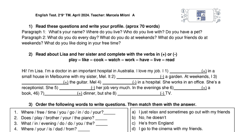 English Test TM: 2nd Year April 2024 - Profiles & Verbs A & B - Studocu