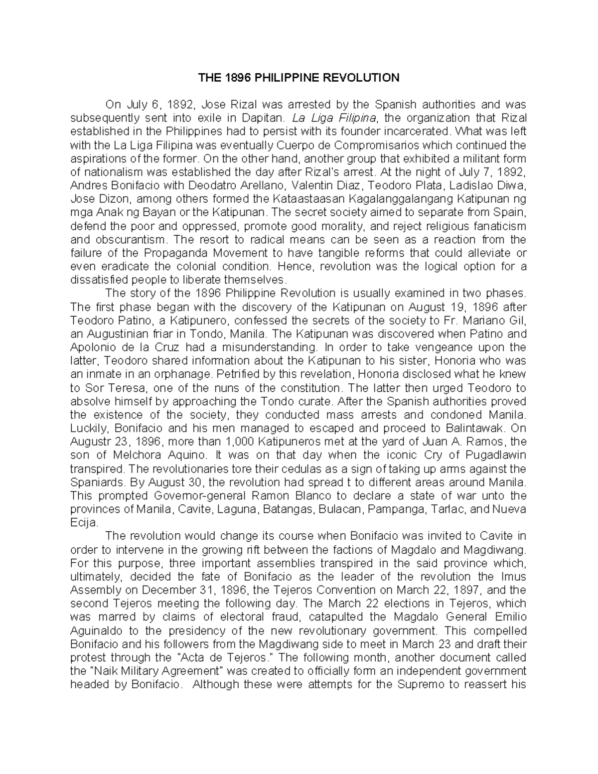 1896 Philippine Revolution: Key Events and Documents Overview - Studocu