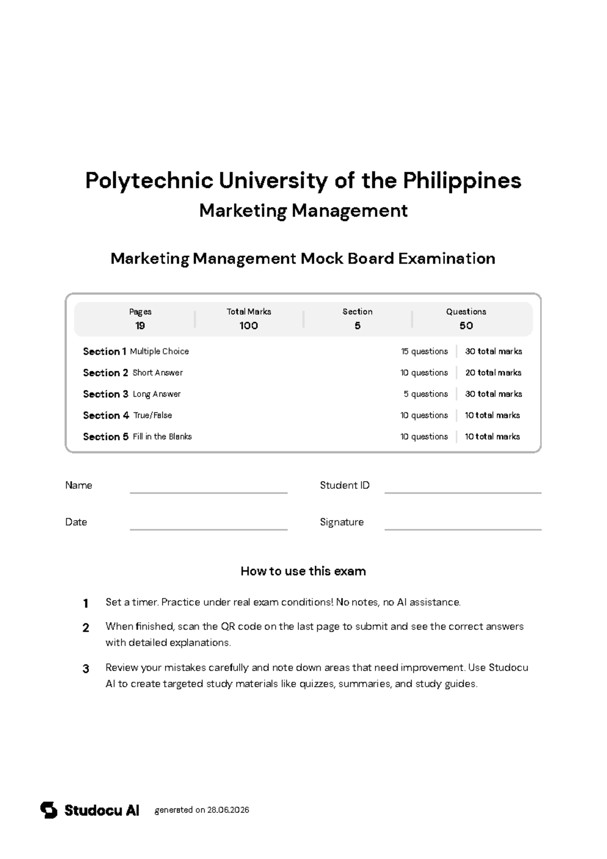 Marketing Management Mock Board Exam - Studocu
