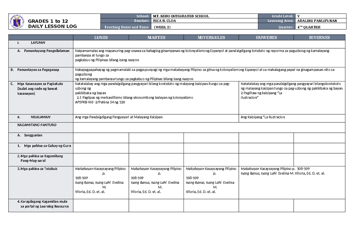 DLL Araling Panlipunan 5 Q4 Week 2 Lesson Plan - Studocu