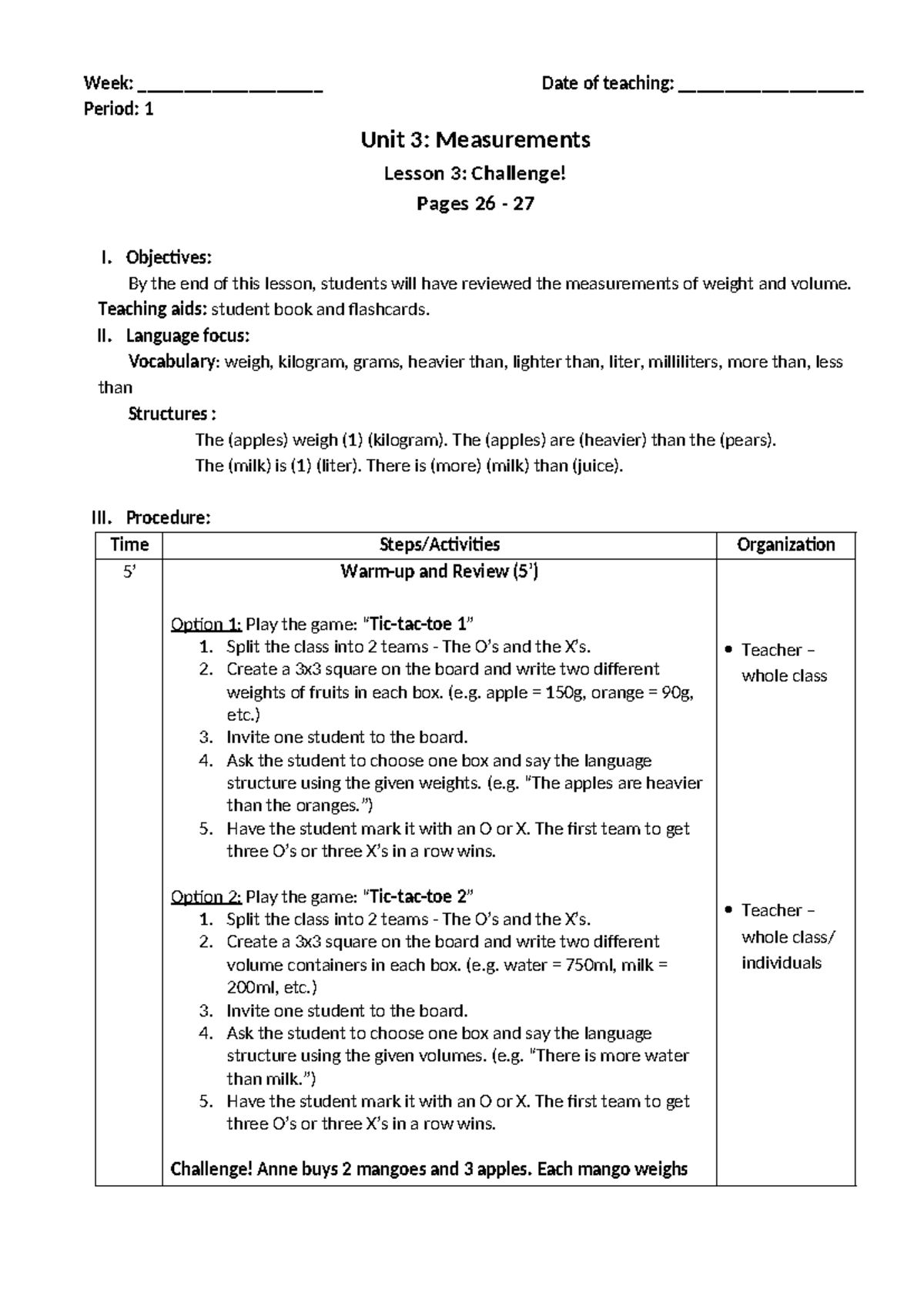 Math Lesson Plan G3U3L3: Unit 3 Measurements Challenge Activities - Studocu