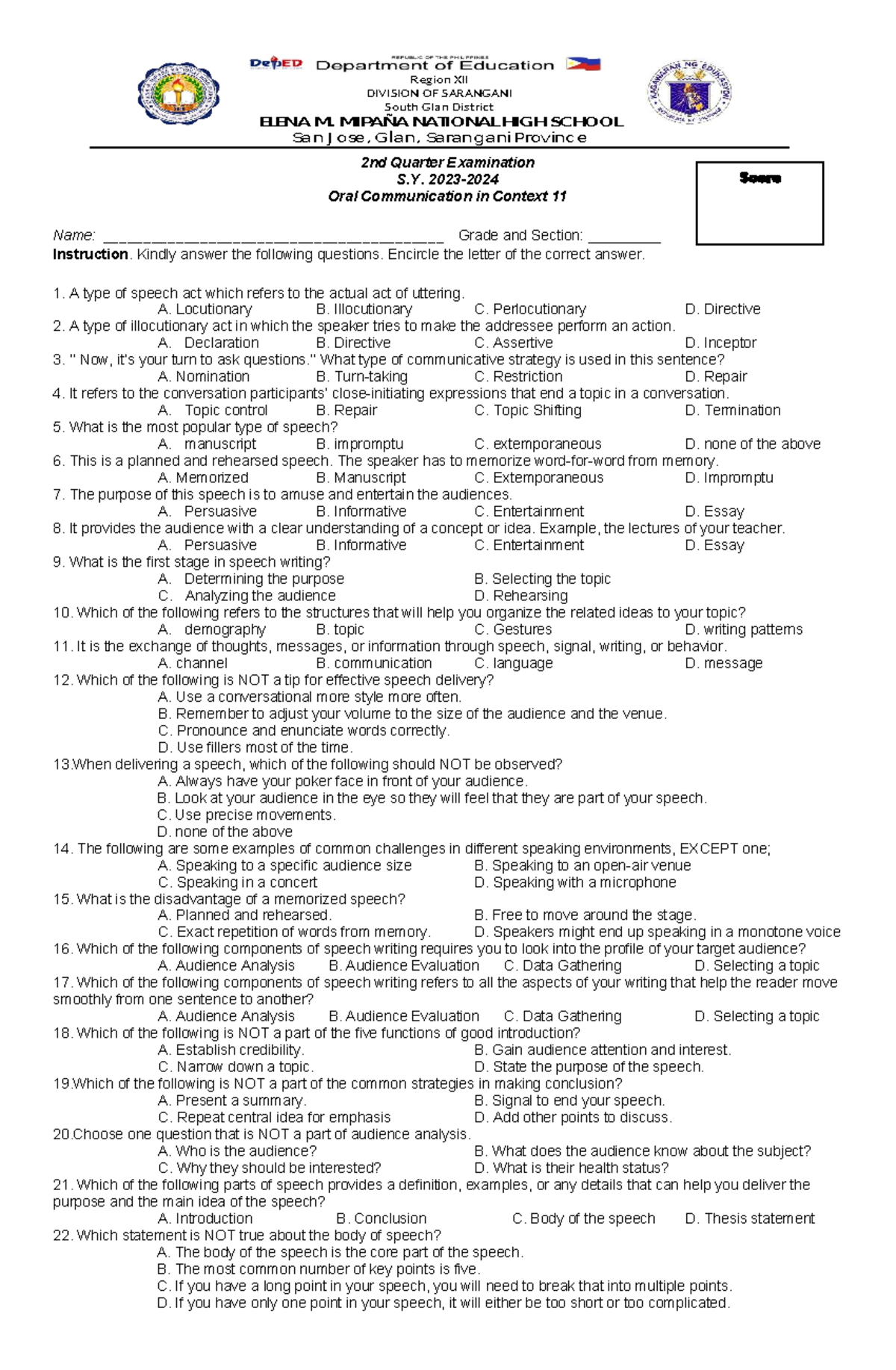EXAM-ORAL COMM 11 Final - 2nd Quarter Examination Review Guide - Studocu