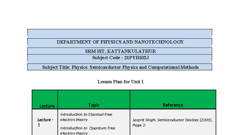 21PYB102J Lesson Plan: Semiconductor Physics & Computational Methods - Studocu