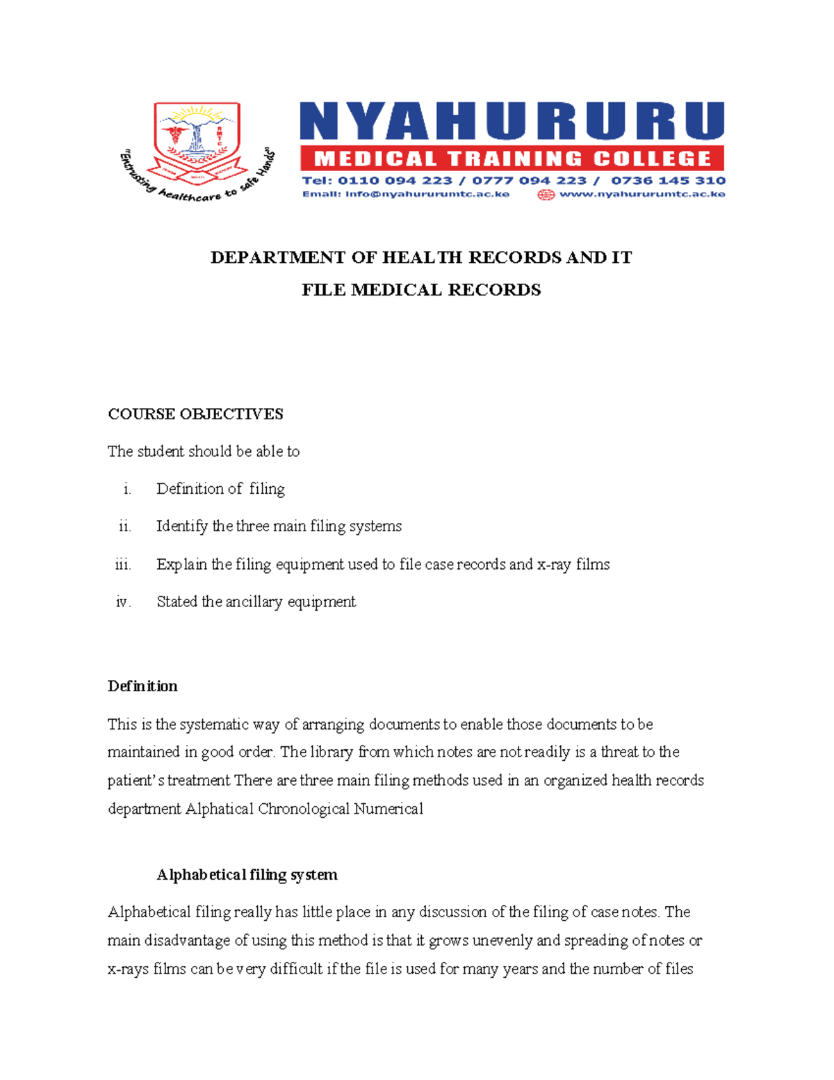 FILE Medical Records - Understanding Filing Systems and Equipment - Studocu