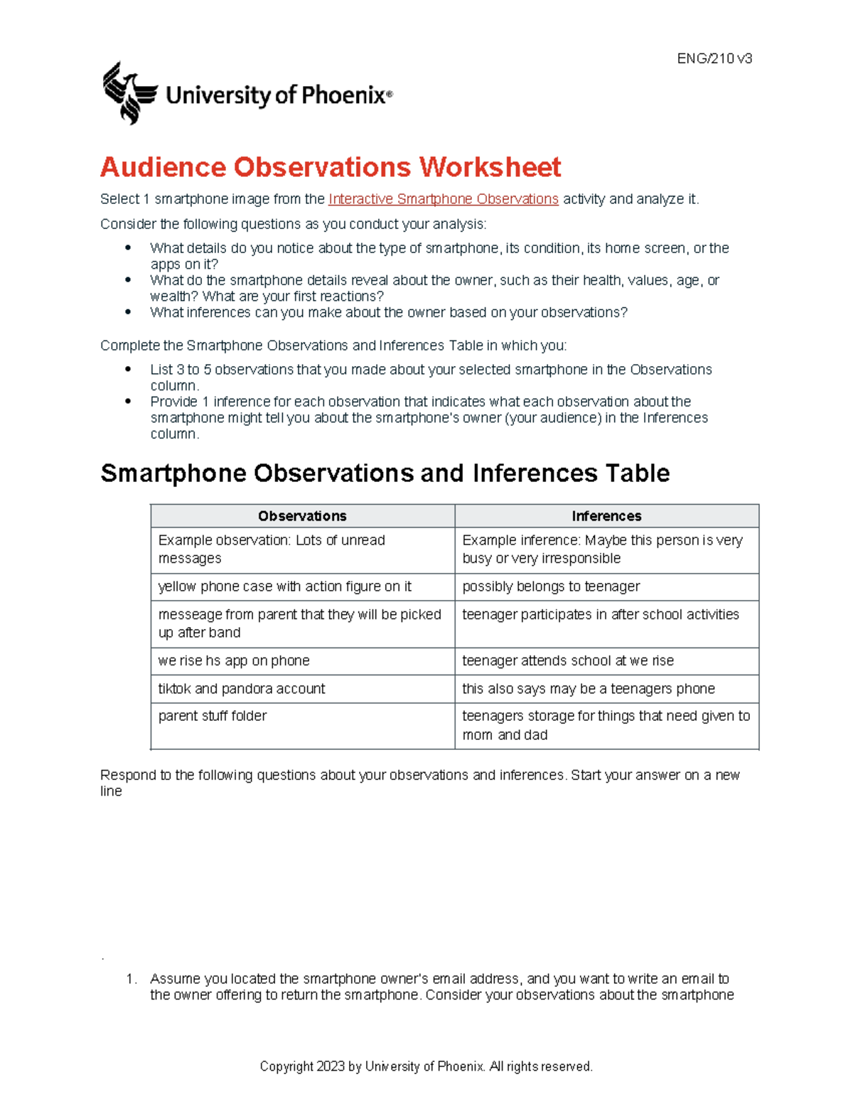 Eng210 v3 wk1 audience observations worksheet - ENG/210 v Audience ...
