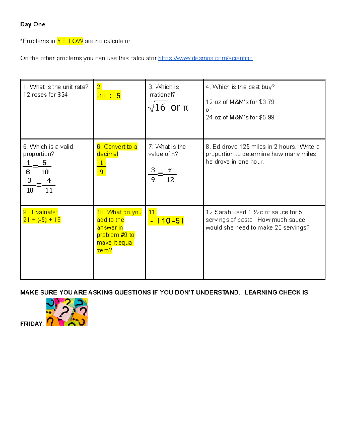 Week 9 Math Warm-Up Problems (No Calculator) - Studocu