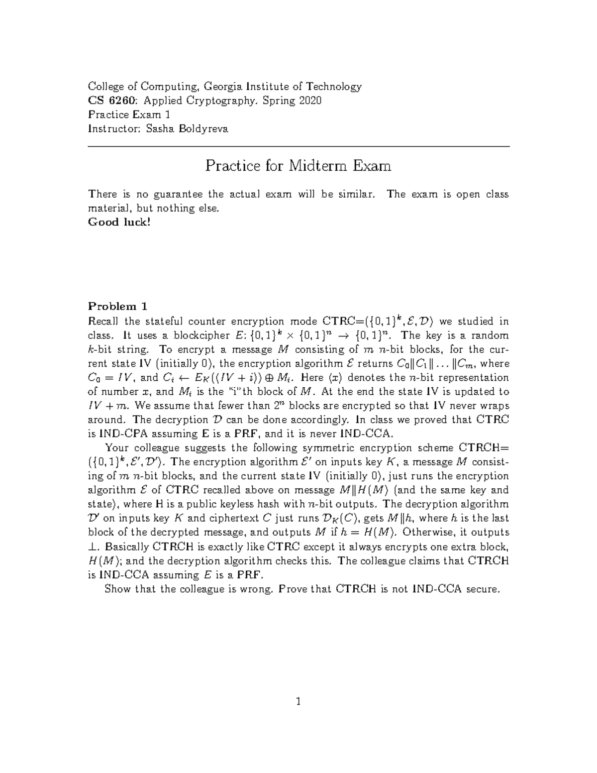 CS 6260: Practice Exam 1 for Applied Cryptography (Spring 2020) - Studocu