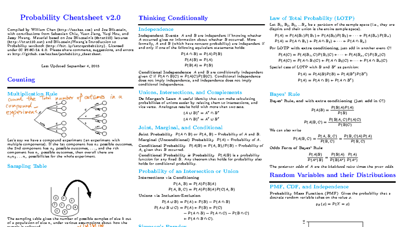 Probability Cheatsheet v2.0: Key Concepts and Formulas - Studocu