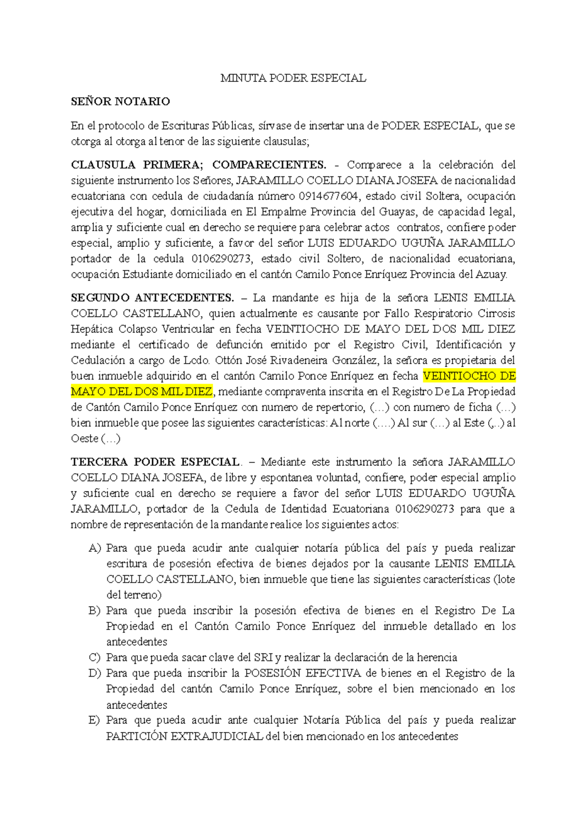 Minuta Poder Especial para Notaría - Jaramillo Coello y Uguña Jaramillo ...
