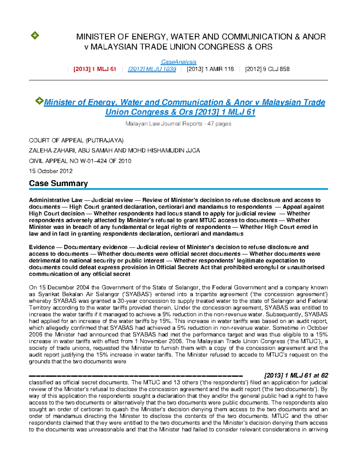 Case Analysis: Minister of Energy, Water and Communication Anor v ...