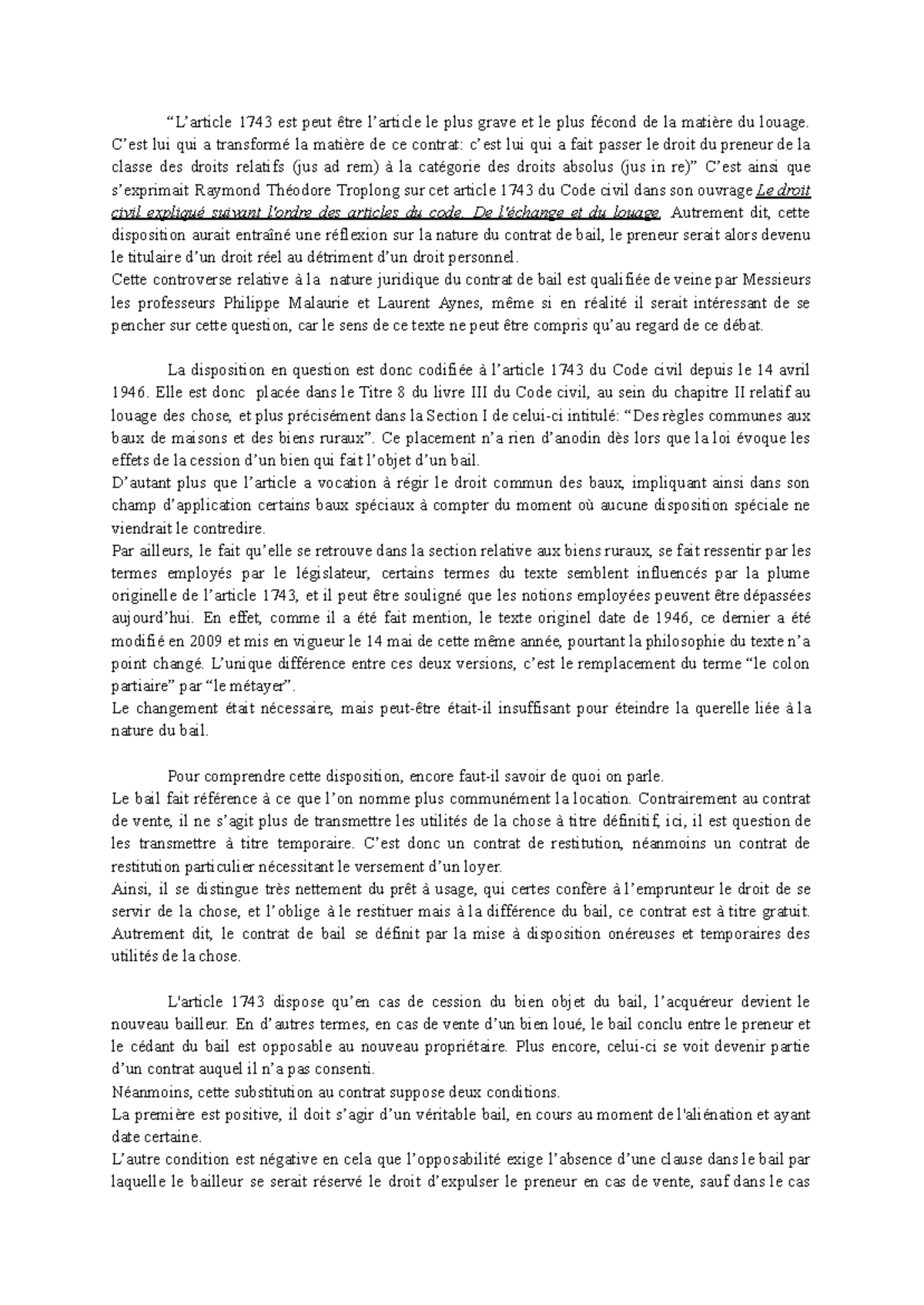Commentaire sur l'Article 1743 du Code Civil: Nature et Opposabilité du ...