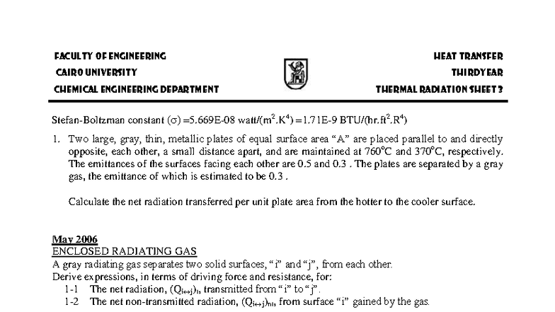 Radiation Sheet 3 - Heat Transfer (ENGR 301) - Studocu