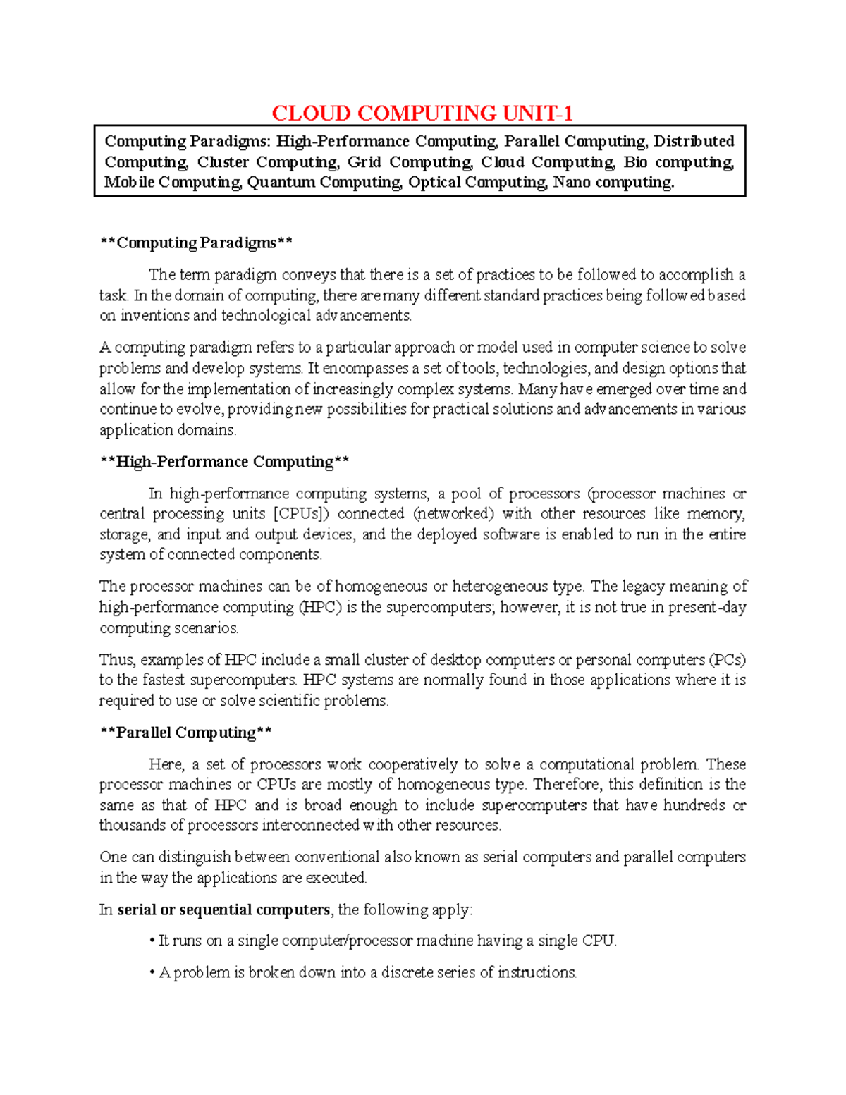 Cc Unit 1 Cloud Computing Chapter 1 Cloud Computing Unit 1 Computing Paradigms The Term