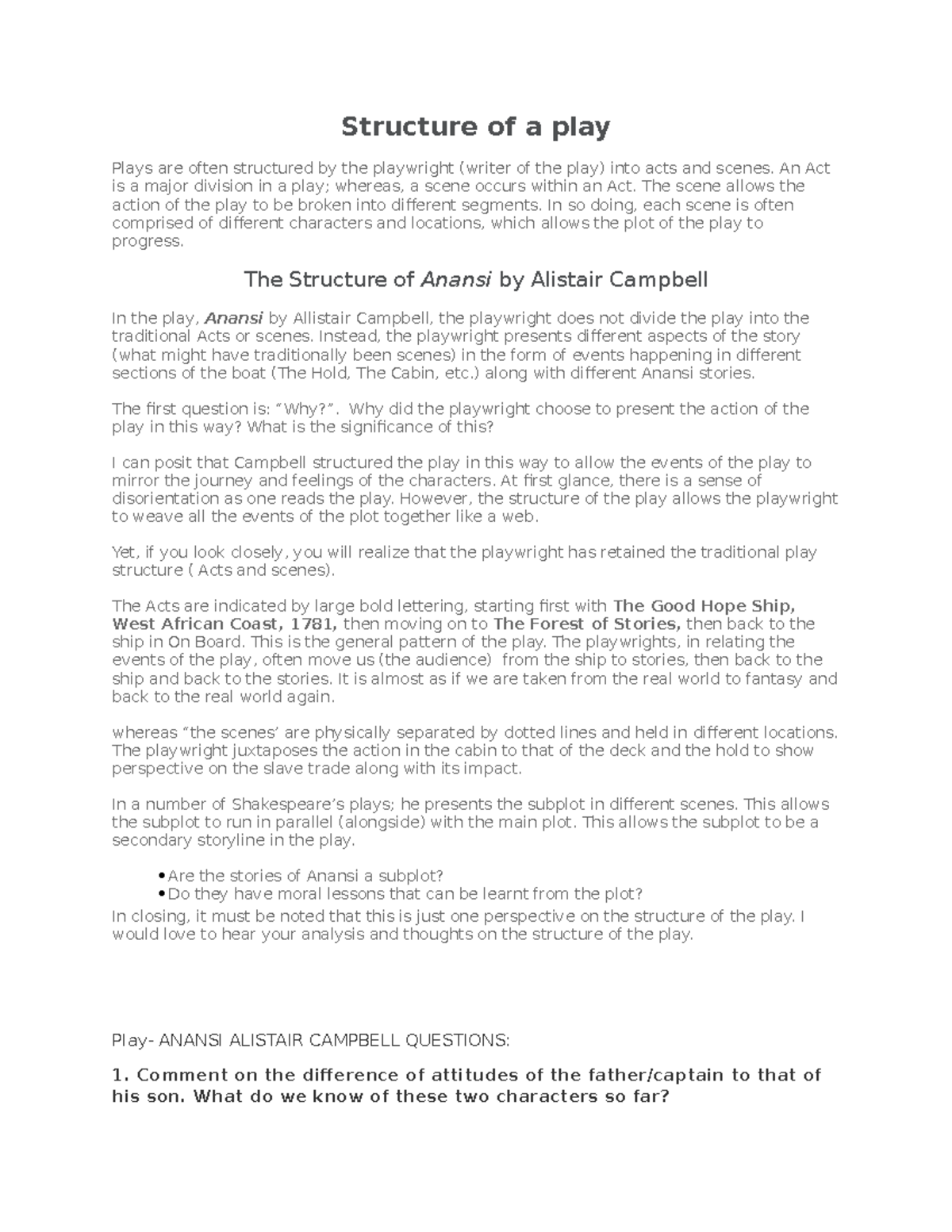 Analyzing the Structure of Anansi Play by Alistair Campbell - Studocu