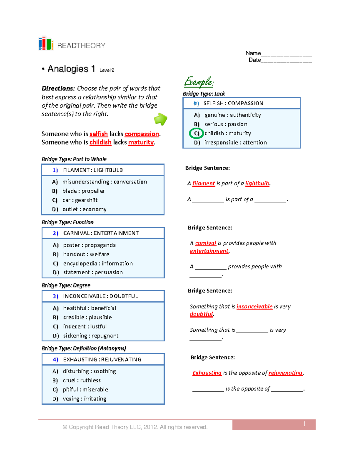 READTHEORY Level 9 Analogies 1 Practice Exercises - Studocu